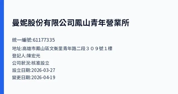 曼妮股份有限公司鳳山青年營業所的照片-統編 61177335(高雄市) 公司登記資料與營業項目詳細圖表
