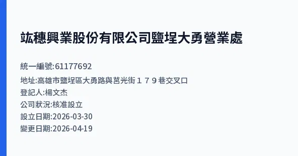 竑穗興業股份有限公司鹽埕大勇營業處的照片-統編 61177692(高雄市) 公司登記資料與營業項目詳細圖表