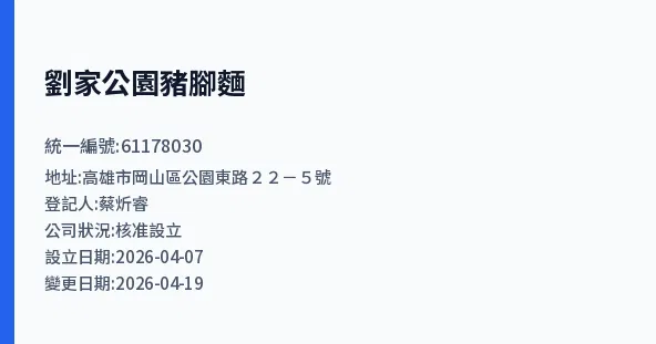劉家公園豬腳麵的照片-統編 61178030(高雄市) 公司登記資料與營業項目詳細圖表