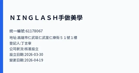 NING LASH手做美學的照片-統編 61178067(高雄市) 公司登記資料與營業項目詳細圖表