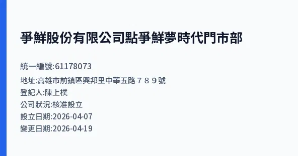 爭鮮股份有限公司點爭鮮夢時代門市部的照片-統編 61178073(高雄市) 公司登記資料與營業項目詳細圖表