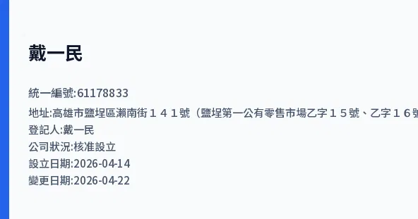 戴一民的照片-統編 61178833(高雄市) 公司登記資料與營業項目詳細圖表