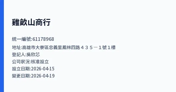 雞畝山商行的照片-統編 61178968(高雄市) 公司登記資料與營業項目詳細圖表