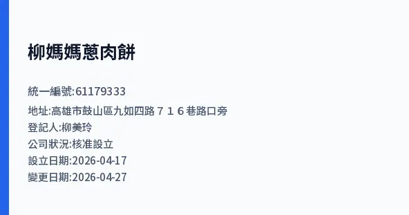 柳媽媽蔥肉餅的照片-統編 61179333(高雄市) 公司登記資料與營業項目詳細圖表