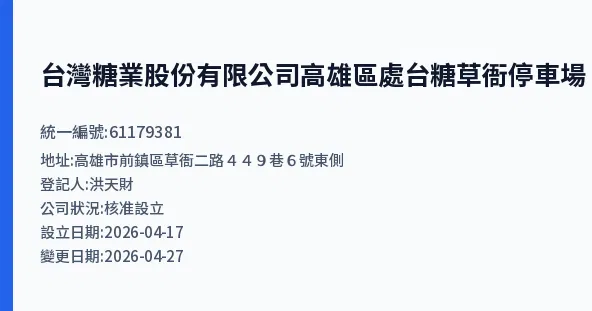 台灣糖業股份有限公司高雄區處台糖草衙停車場的照片-統編 61179381(高雄市) 公司登記資料與營業項目詳細圖表