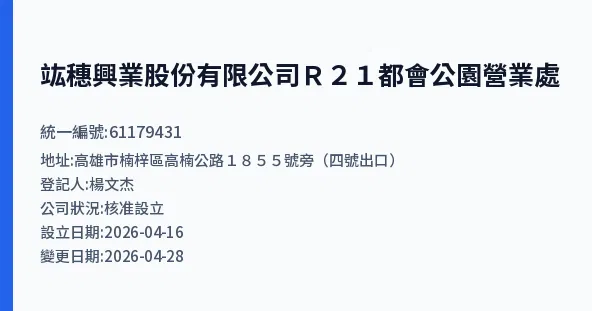 竑穗興業股份有限公司R21都會公園營業處的照片-統編 61179431(高雄市) 公司登記資料與營業項目詳細圖表