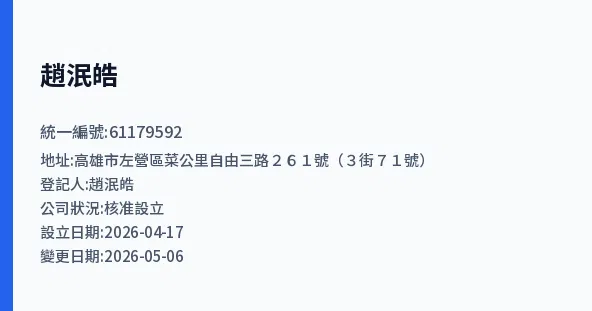 趙泯皓的照片-統編 61179592(高雄市) 公司登記資料與營業項目詳細圖表