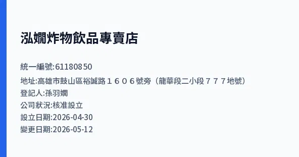 泓嫺炸物飲品專賣店的照片-統編 61180850(高雄市) 公司登記資料與營業項目詳細圖表