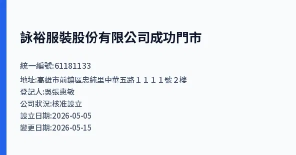 詠裕服裝股份有限公司成功門市的照片-統編 61181133(高雄市) 公司登記資料與營業項目詳細圖表