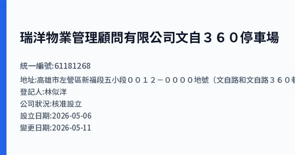 瑞洋物業管理顧問有限公司文自360停車場的照片-統編 61181268(高雄市) 公司登記資料與營業項目詳細圖表