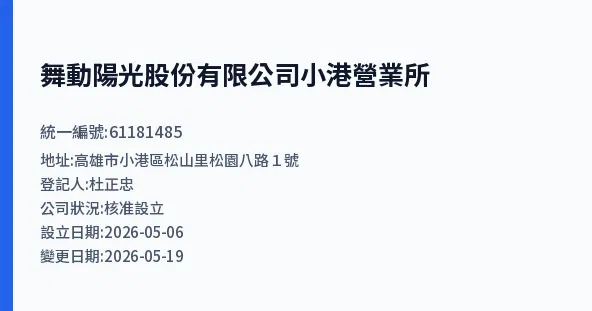 舞動陽光股份有限公司小港營業所的照片-統編 61181485(高雄市) 公司登記資料與營業項目詳細圖表