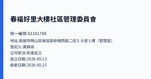 春福好里大樓社區管理委員會的照片-統編 61181788(高雄市) 公司登記資料與營業項目詳細圖表