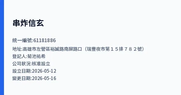 串炸信玄的照片-統編 61181886(高雄市) 公司登記資料與營業項目詳細圖表