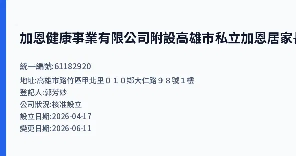 加恩健康事業有限公司附設高雄市私立加恩居家長照機構的照片-統編 61182920 公司登記資料與營業項目詳細圖表