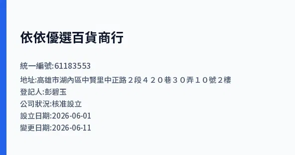 依依優選百貨商行的照片-統編 61183553(高雄市) 公司登記資料與營業項目詳細圖表