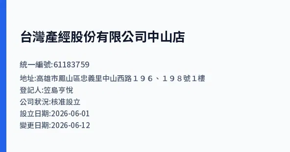 台灣產經股份有限公司中山店的照片-統編 61183759(高雄市) 公司登記資料與營業項目詳細圖表