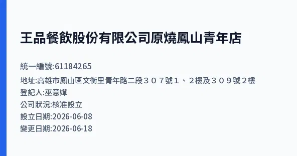 王品餐飲股份有限公司原燒鳳山青年店的照片-統編 61184265(高雄市) 公司登記資料與營業項目詳細圖表