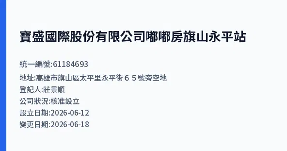 寶盛國際股份有限公司嘟嘟房旗山永平站的照片-統編 61184693(高雄市) 公司登記資料與營業項目詳細圖表