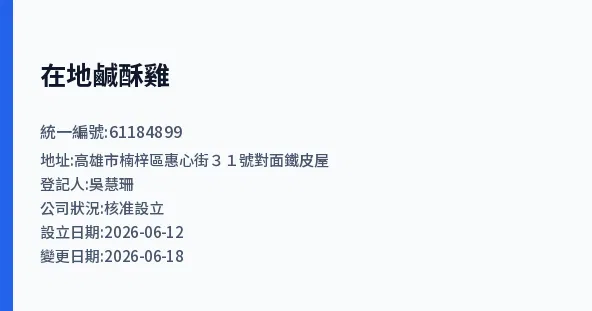 在地鹹酥雞的照片-統編 61184899(高雄市) 公司登記資料與營業項目詳細圖表