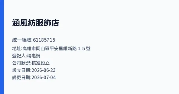 涵風紡服飾店的照片-統編 61185715(高雄市) 公司登記資料與營業項目詳細圖表