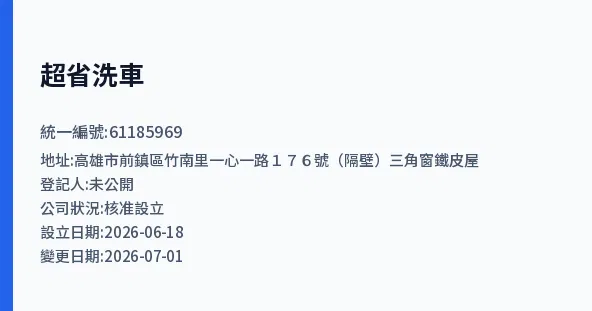 超省洗車的照片-統編 61185969(高雄市) 公司登記資料與營業項目詳細圖表