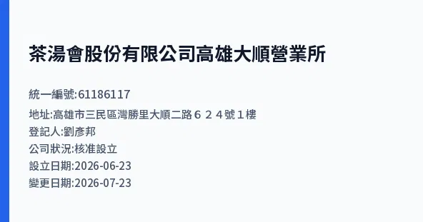 茶湯會股份有限公司高雄大順營業所的照片-統編 61186117(高雄市) 公司登記資料與營業項目詳細圖表