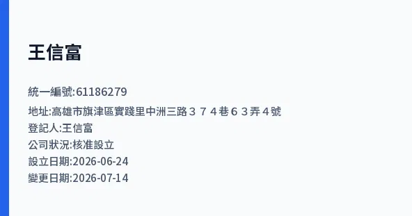王信富的照片-統編 61186279(高雄市) 公司登記資料與營業項目詳細圖表