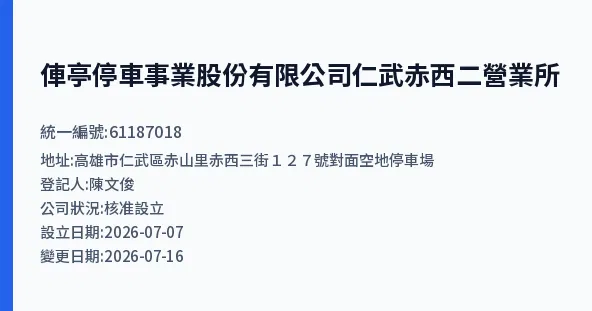 俥亭停車事業股份有限公司仁武赤西二營業所的照片-統編 61187018(高雄市) 公司登記資料與營業項目詳細圖表