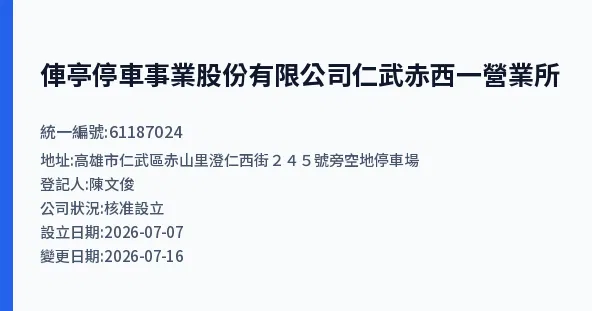 俥亭停車事業股份有限公司仁武赤西一營業所的照片-統編 61187024(高雄市) 公司登記資料與營業項目詳細圖表