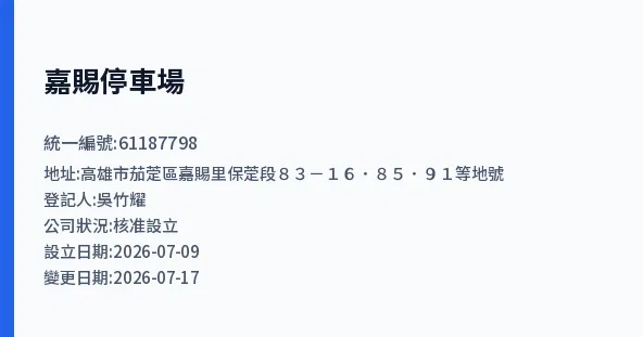 嘉賜停車場的照片-統編 61187798(高雄市) 公司登記資料與營業項目詳細圖表