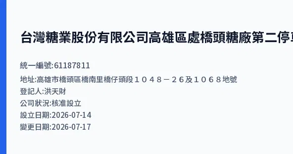 台灣糖業股份有限公司高雄區處橋頭糖廠第二停車場的照片-統編 61187811(高雄市) 公司登記資料與營業項目詳細圖表
