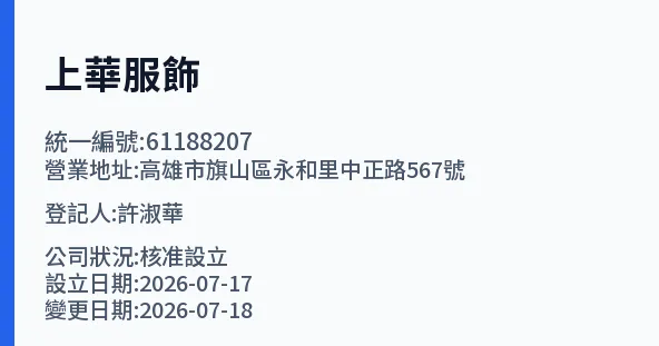 上華服飾的照片-統編 61188207(高雄市) 公司登記資料與營業項目詳細圖表