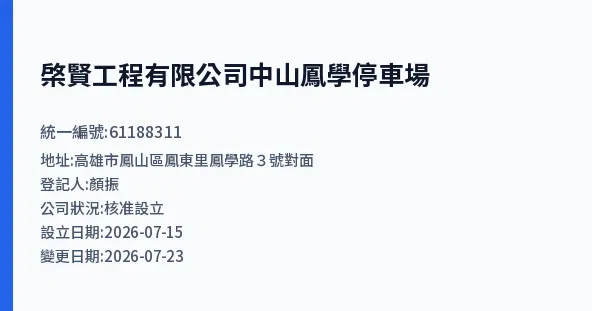 棨賢工程有限公司中山鳳學停車場的照片-統編 61188311(高雄市) 公司登記資料與營業項目詳細圖表
