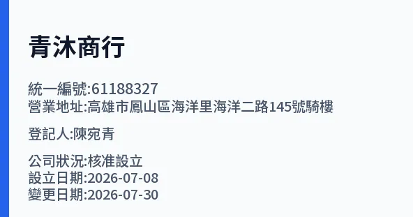 青沐商行的照片-統編 61188327(高雄市) 公司登記資料與營業項目詳細圖表