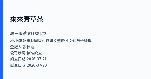 來來青草茶的照片-統編 61188473(高雄市) 公司登記資料與營業項目詳細圖表