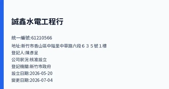 誠鑫水電工程行的照片-統編 61210566(新竹市) 公司登記資料與營業項目詳細圖表