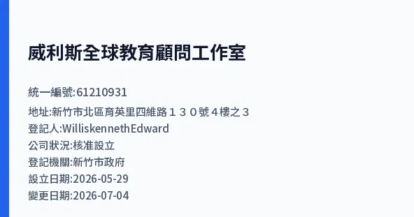 威利斯全球教育顧問工作室的照片-統編 61210931(新竹市) 公司登記資料與營業項目詳細圖表