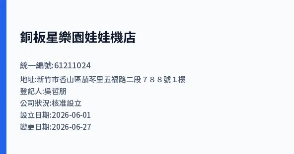 銅板星樂園娃娃機店的照片-統編 61211024(新竹市) 公司登記資料與營業項目詳細圖表