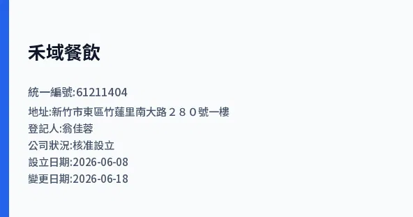 禾域餐飲的照片-統編 61211404(新竹市) 公司登記資料與營業項目詳細圖表