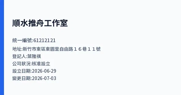 順水推舟工作室的照片-統編 61212121(新竹市) 公司登記資料與營業項目詳細圖表