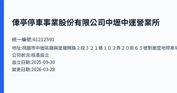 俥亭停車事業股份有限公司中壢中運營業所的照片-統編 61212591(桃園市) 公司登記資料與營業項目詳細圖表