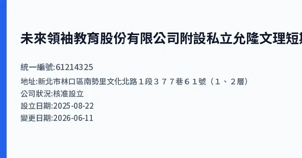 未來領袖教育股份有限公司附設私立允隆文理短期補習班的照片-統編 61214325(新北市) 公司登記資料與營業項目詳細圖表