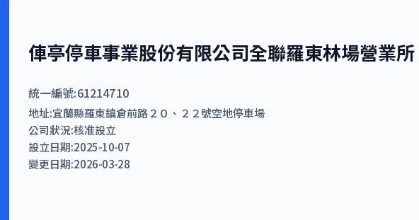 俥亭停車事業股份有限公司全聯羅東林場營業所的照片-統編 61214710(宜蘭縣) 公司登記資料與營業項目詳細圖表