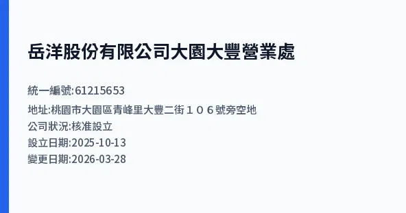 岳洋股份有限公司大園大豐營業處的照片-統編 61215653(桃園市) 公司登記資料與營業項目詳細圖表