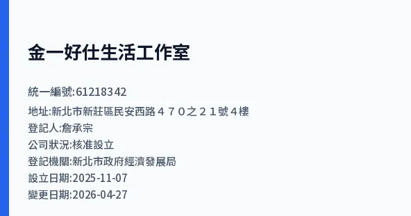 金一好仕生活工作室的照片-統編 61218342(新北市) 公司登記資料與營業項目詳細圖表
