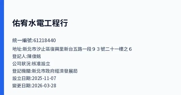 佑宥水電工程行的照片-統編 61218440(新北市) 公司登記資料與營業項目詳細圖表
