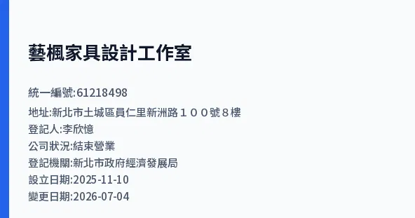 藝楓家具設計工作室的照片-統編 61218498(新北市) 公司登記資料與營業項目詳細圖表