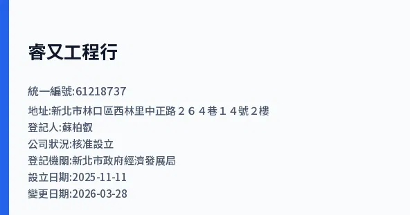 睿又工程行的照片-統編 61218737(新北市) 公司登記資料與營業項目詳細圖表