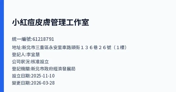 小紅痘皮膚管理工作室的照片-統編 61218791(新北市) 公司登記資料與營業項目詳細圖表