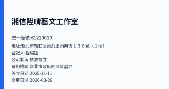 湘信陞晴藝文工作室的照片-統編 61219010(新北市) 公司登記資料與營業項目詳細圖表